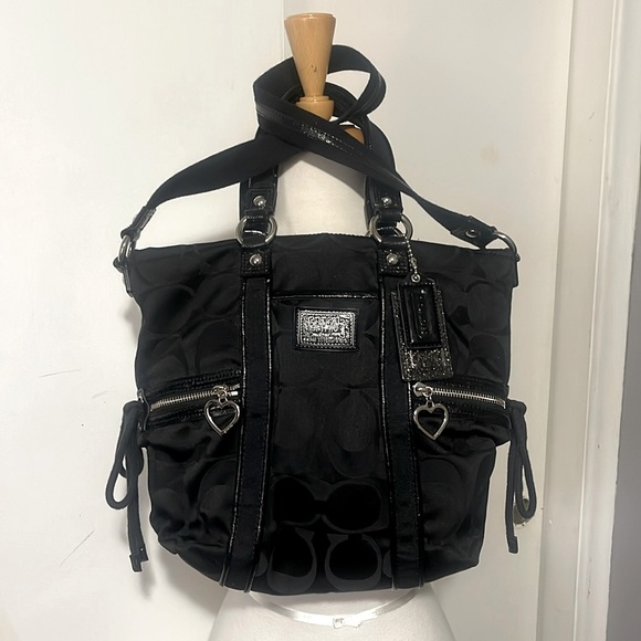 Coach | Bags | Coach Black Poppy Monogram Black Patent Silver Heart ...